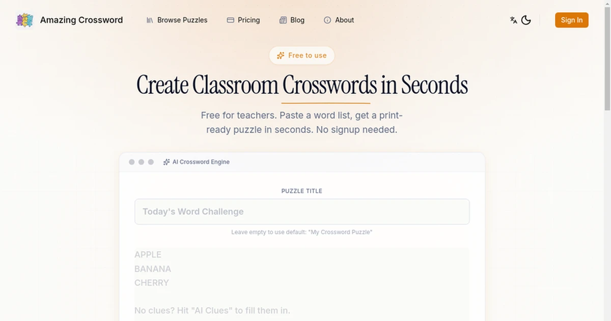 Free AI Crossword Maker for Teachers | PDF, PNG & SVG Export